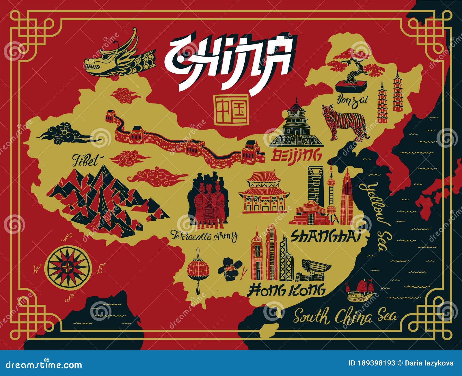 Illustrated map of China. stock vector. Illustration of asia - 189398193