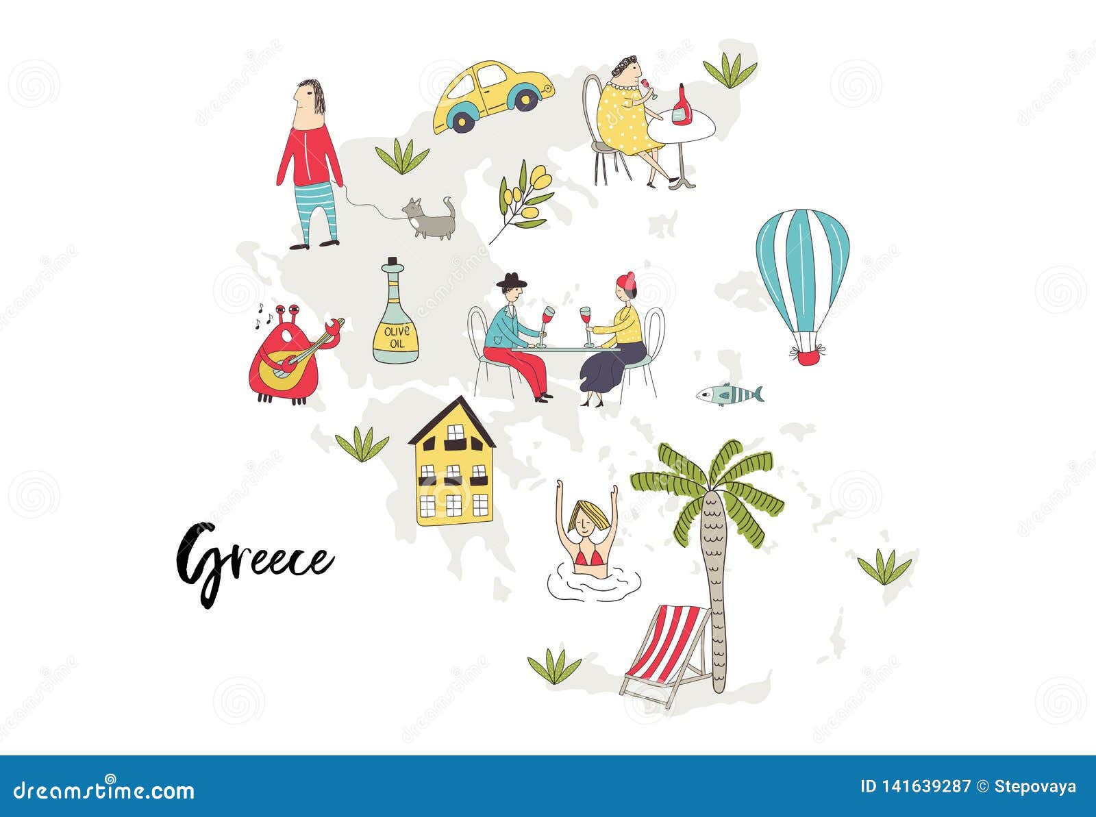 Illustrated Map of Greece with Cute and Fun Hand Drawn Characters ...