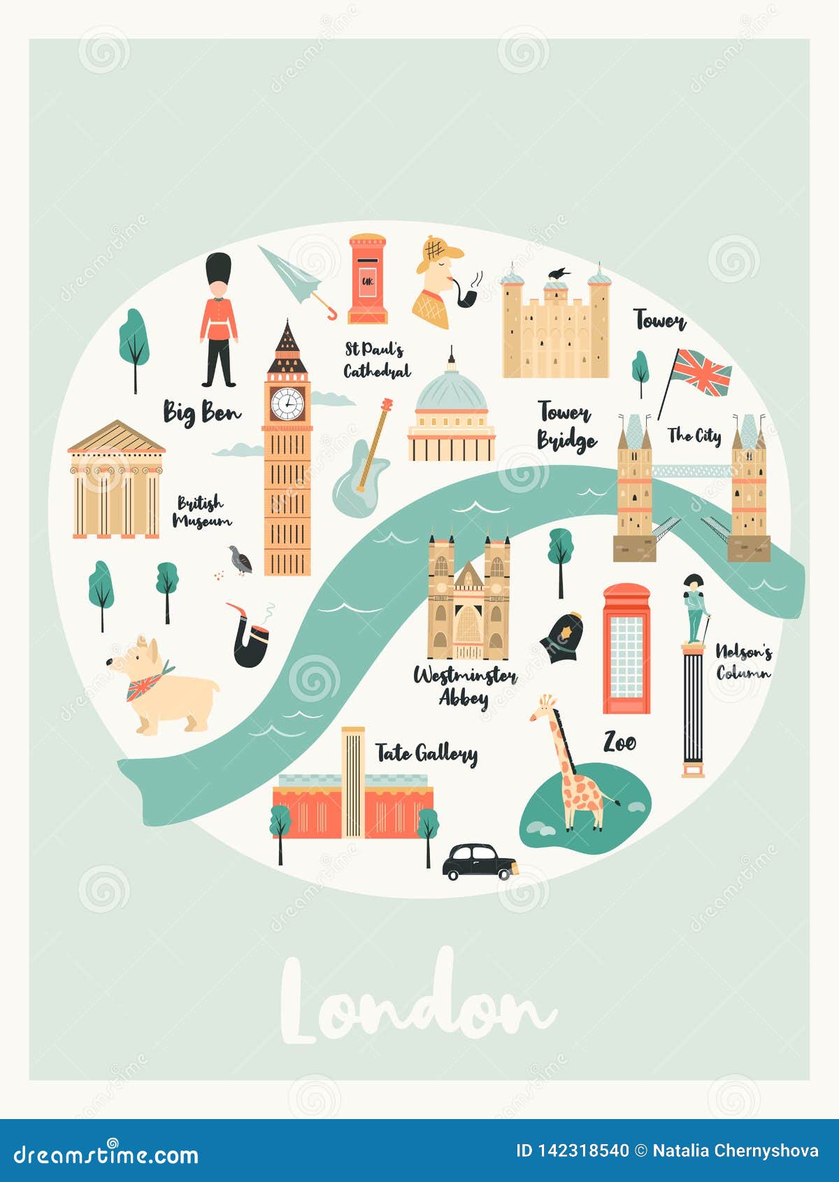 Illustrated Map of London with Landmarks, Symbols Stock Vector ...