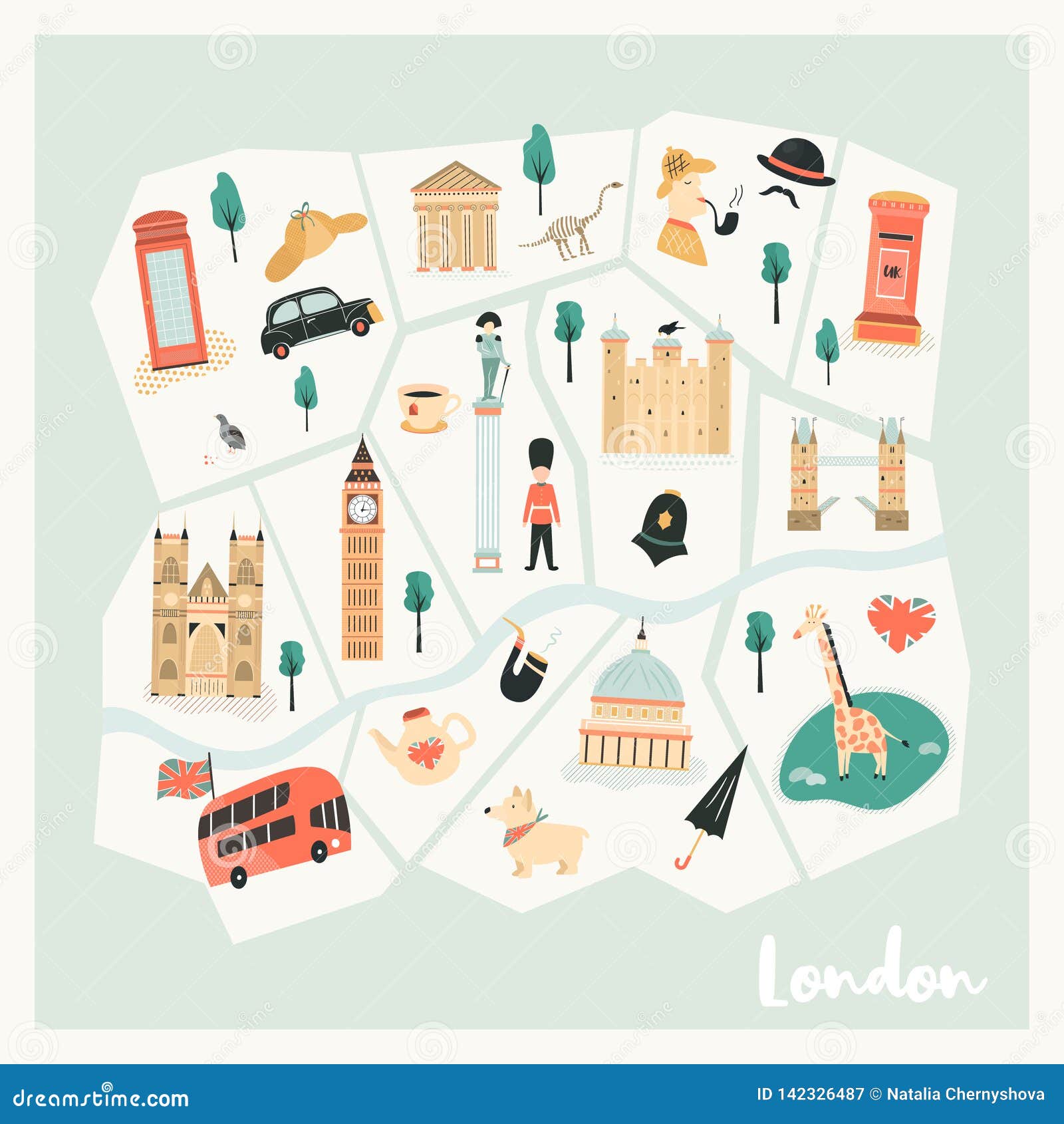 Illustrated Map of London with Landmarks, Symbols Stock Vector ...