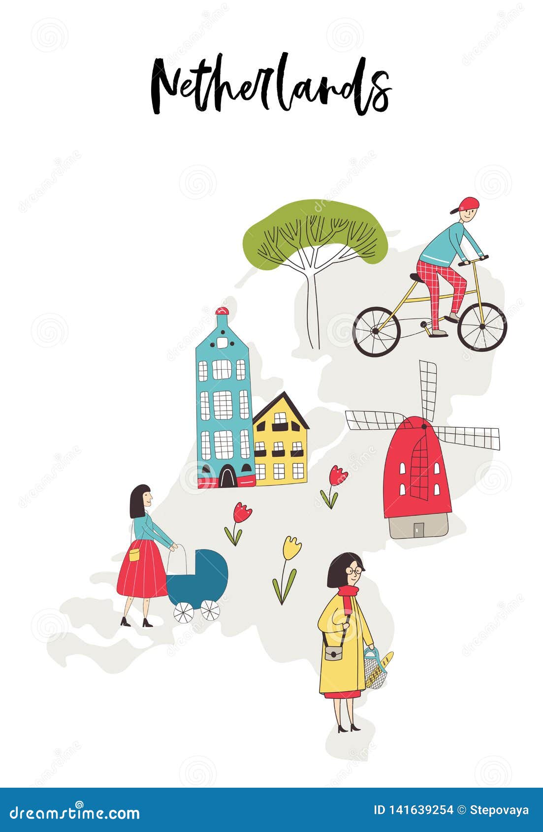 Illustrated Map of Netherlands with Cute and Fun Hand Drawn Characters ...