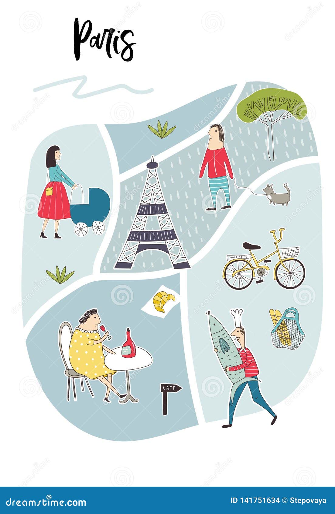 Illustrated Map of Paris with Cute and Fun Hand Drawn Characters ...