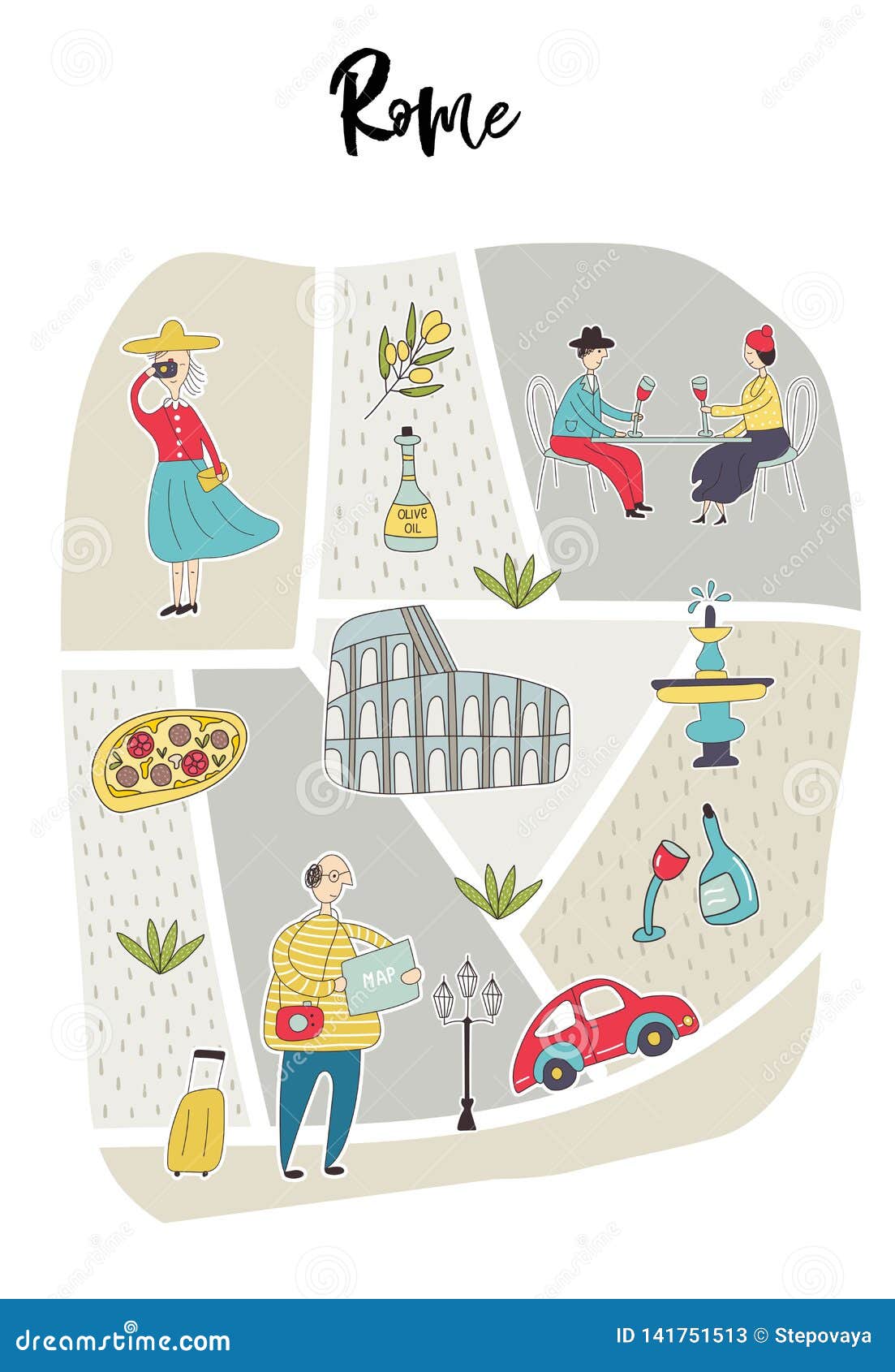 Illustrated Map of Rome with Cute and Fun Hand Drawn Characters, Plants ...