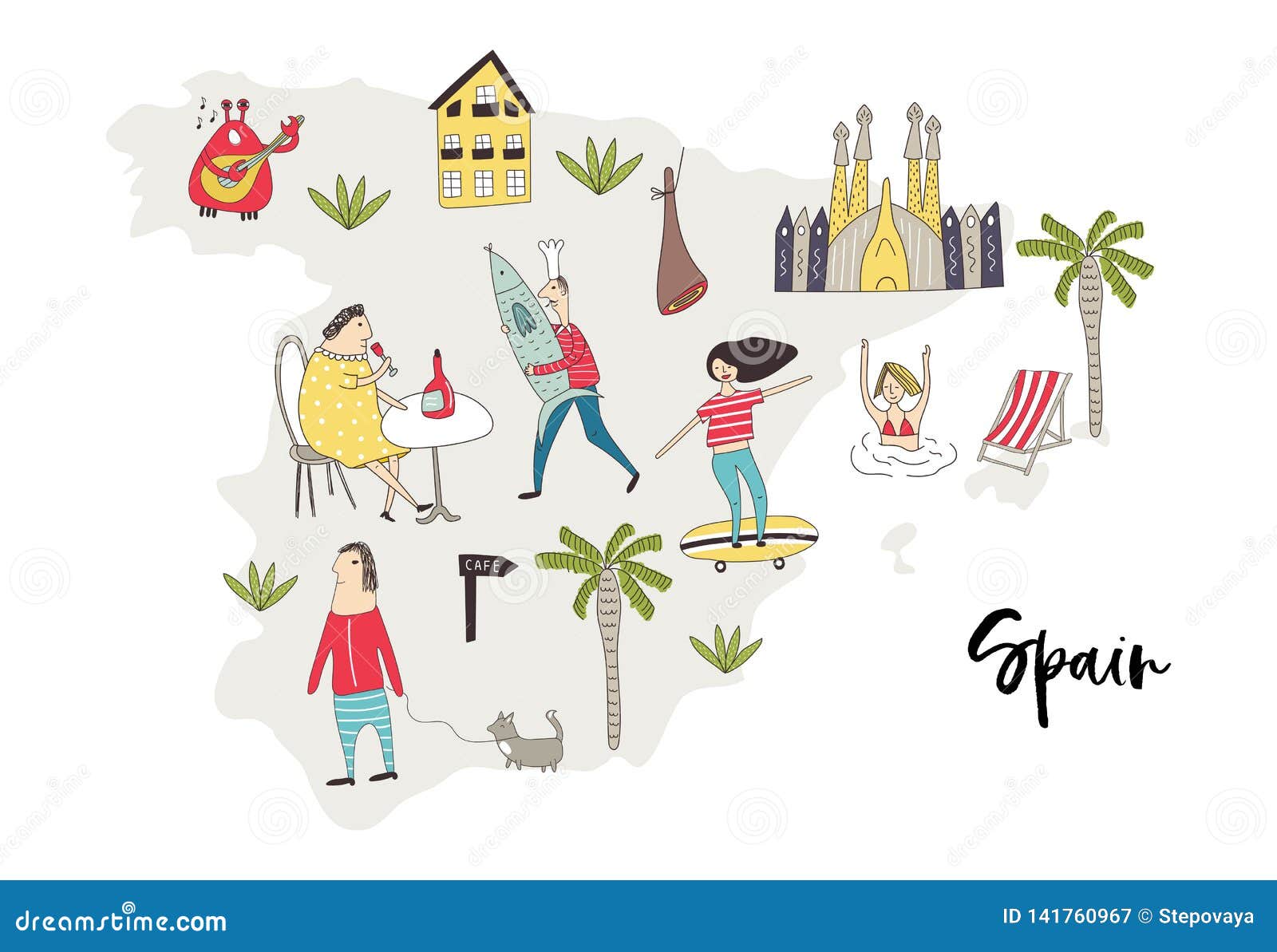 Illustrated Map Of Spain With Cute And Fun Hand Drawn Characters ...