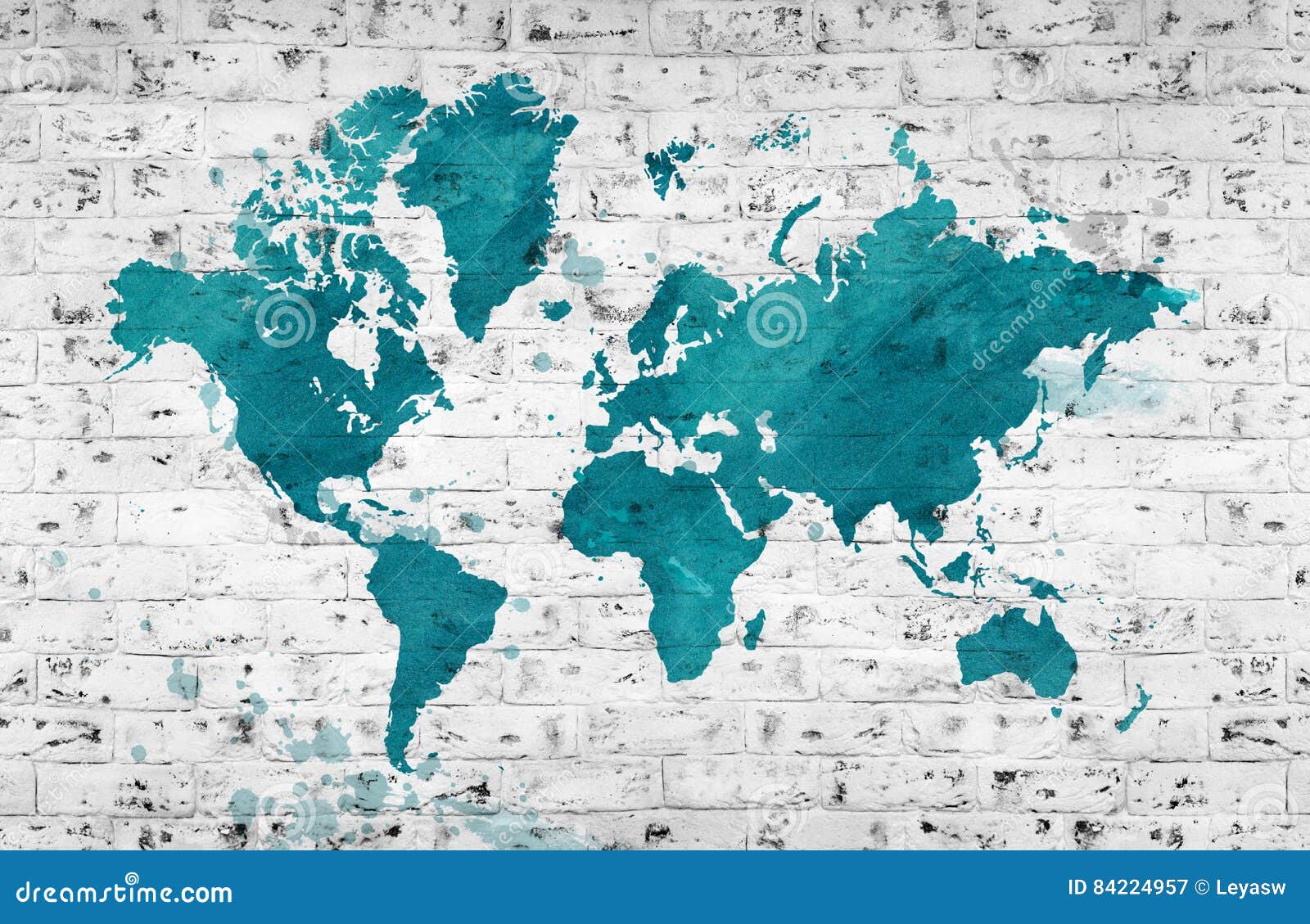 Illustrated Map of the World with a White Brick Wall. Horizontal ...
