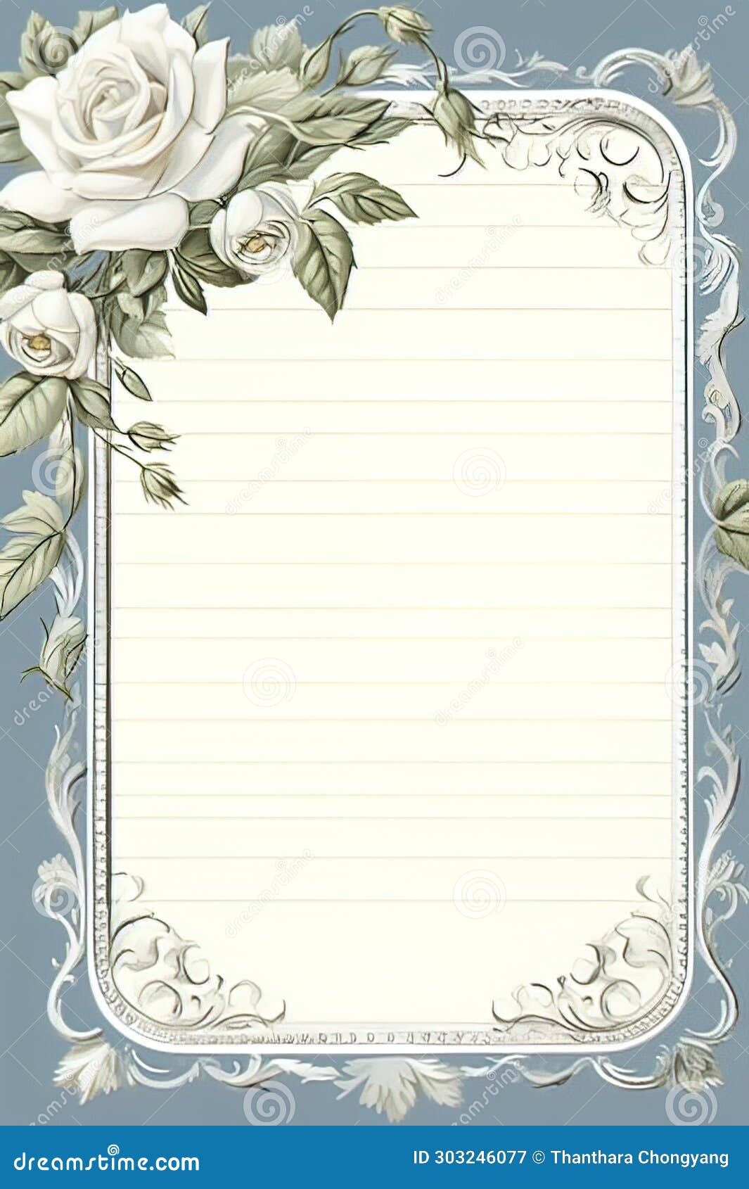 An Illustrated Notepad, Thick Writing Lines, with Beautiful White Rose ...