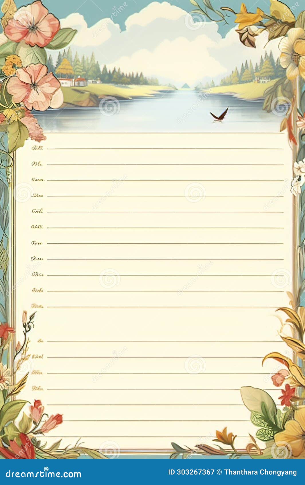 An Illustrated Notepad, Thick Writing Lines, with Spring Elaborate ...