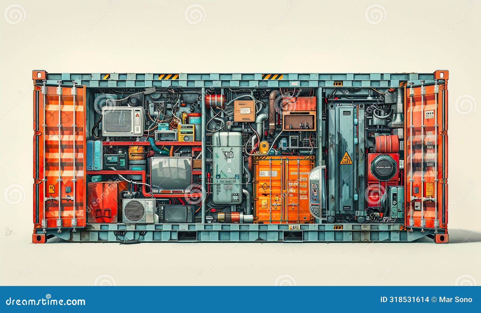An Illustrated Open Shipping Container Filled with Boxes and Goods ...