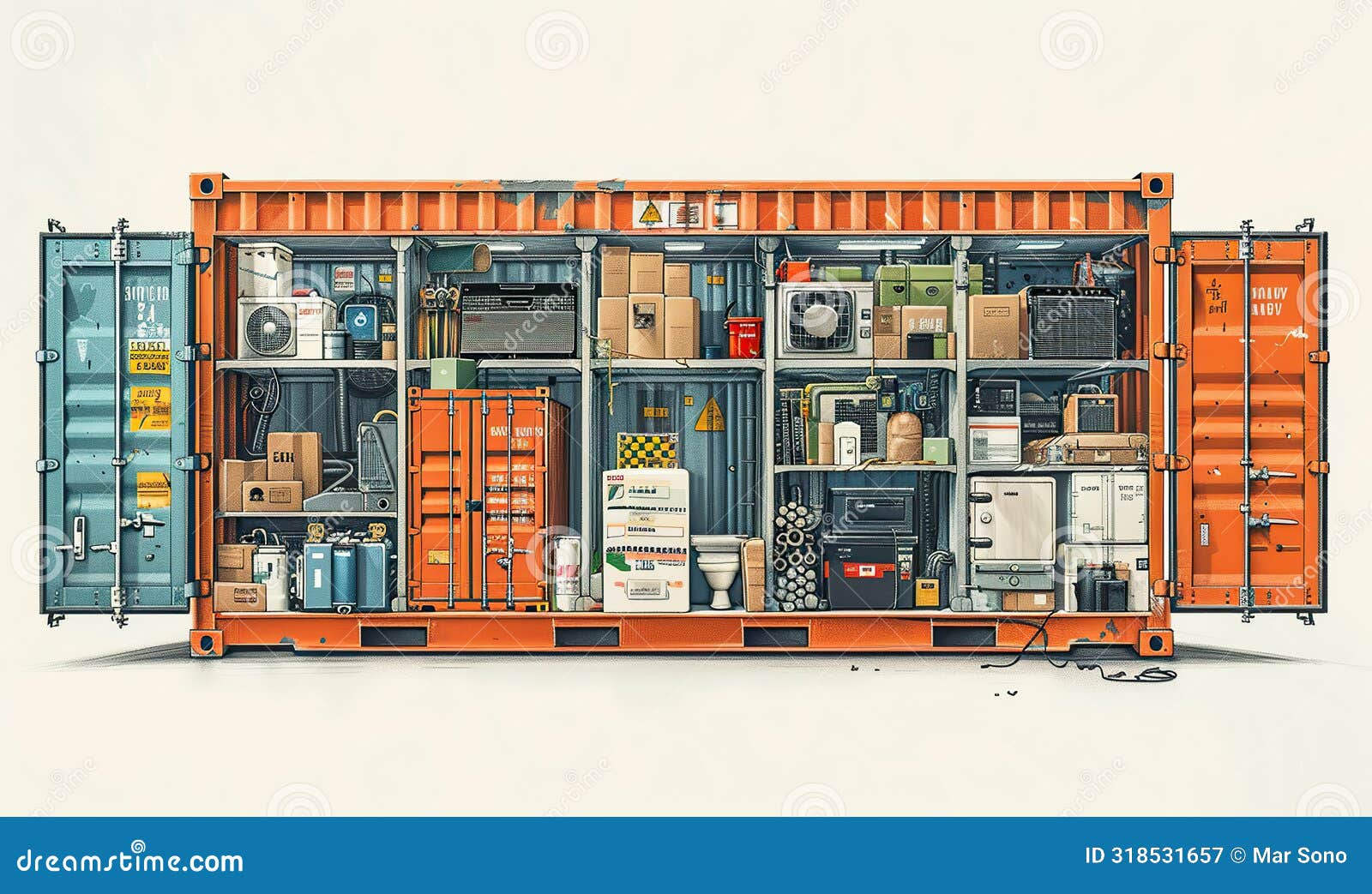 An Illustrated Open Shipping Container Filled with Boxes and Goods ...