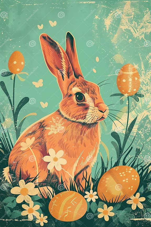 Illustrated Rabbit Surrounded by Painted Easter Eggs and Flowers on a ...