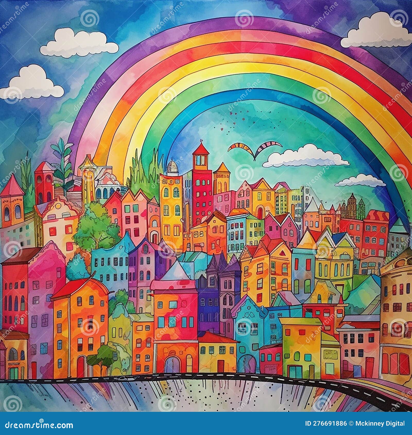 Illustrated Rainbow Colored Town. Created Using Ai Generative. Stock ...