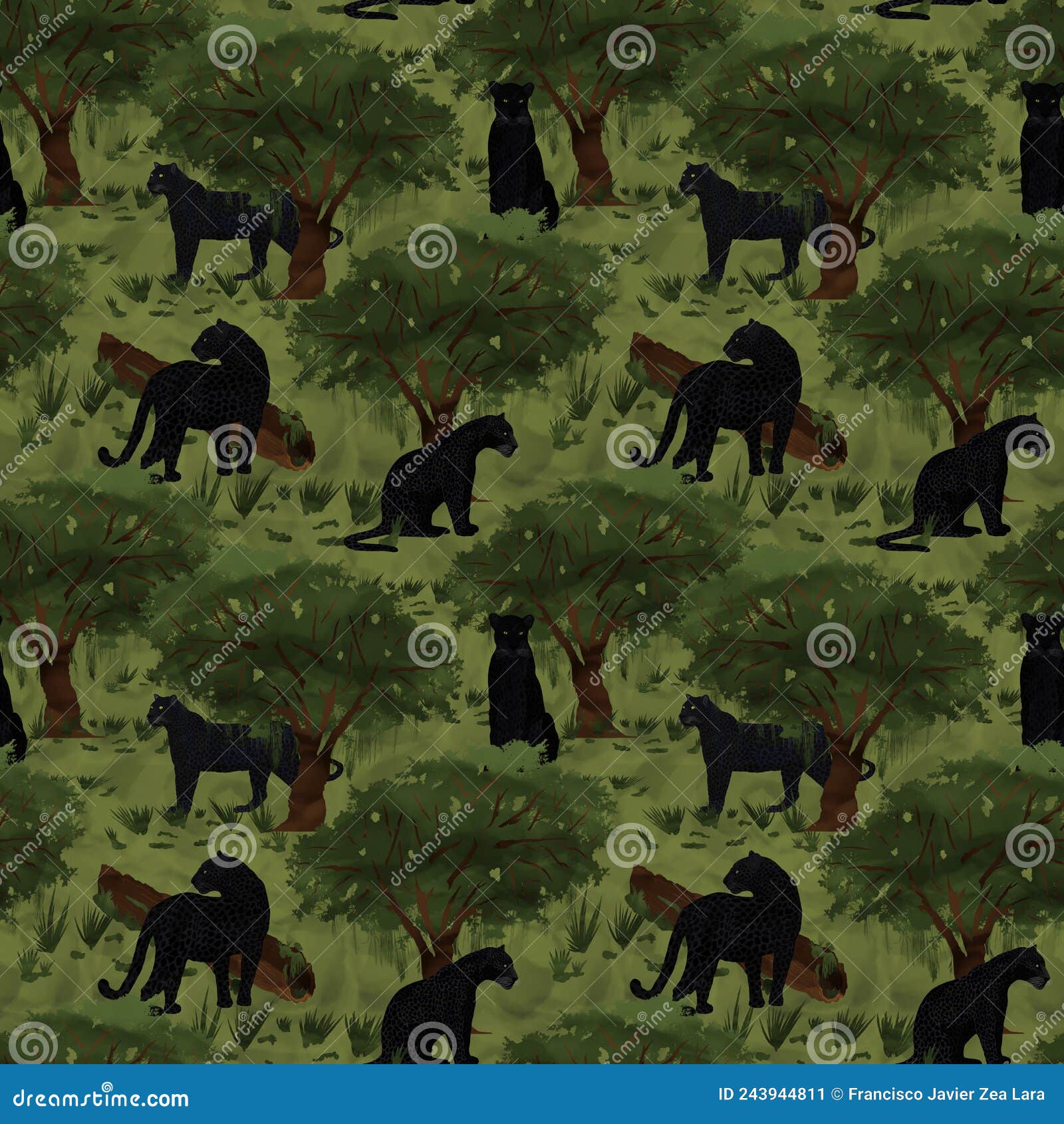 Illustrated Seamless Pattern with Panthers and Jungle Environment Stock ...