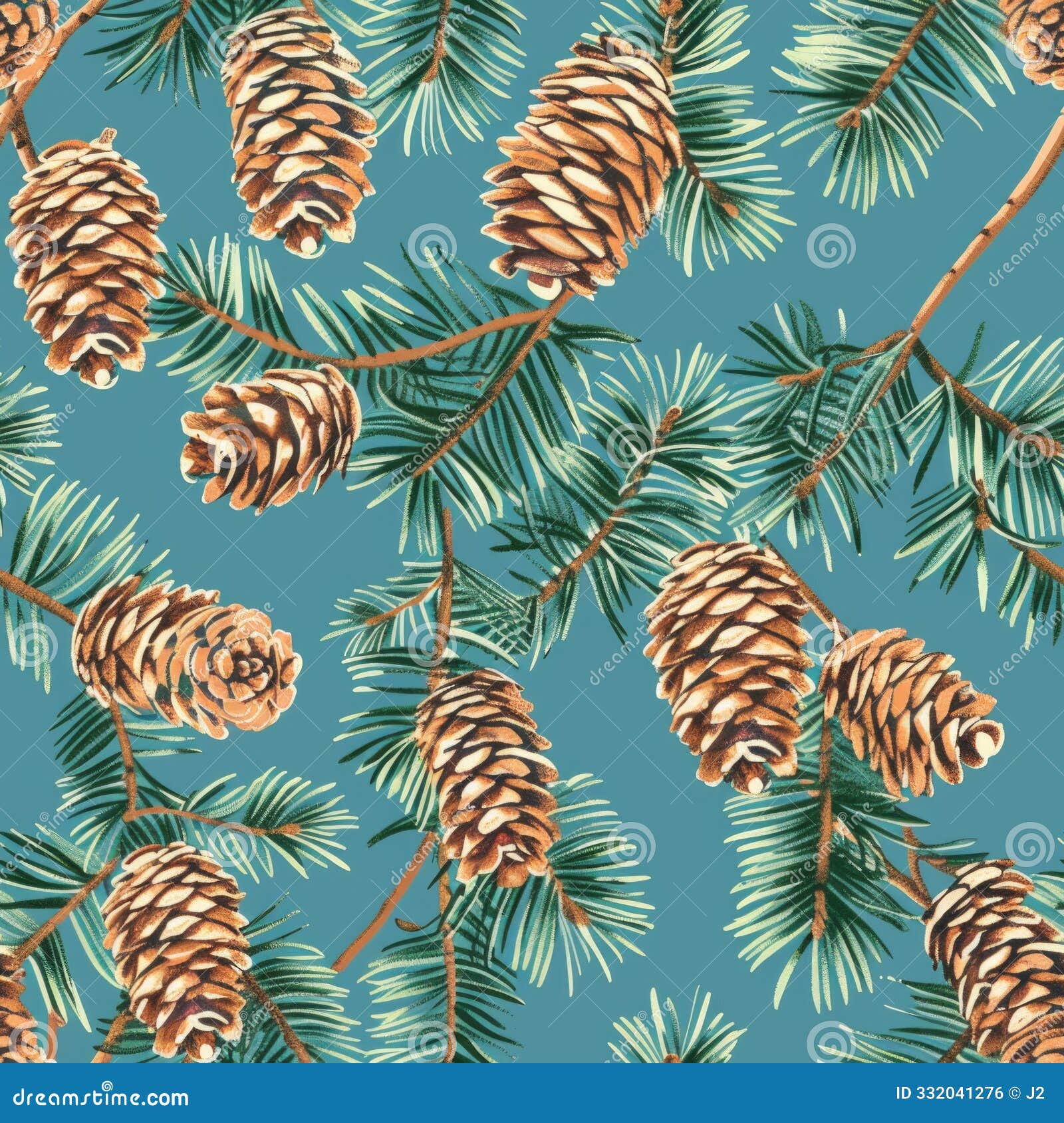 Illustrated Seamless Pattern of Pine Cones and Evergreen Branches on a Blue Background, Ideal ...