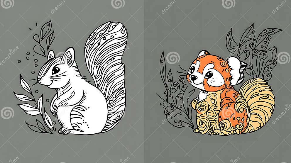 Illustrated Squirrel and Red Panda with Floral Elements Stock ...