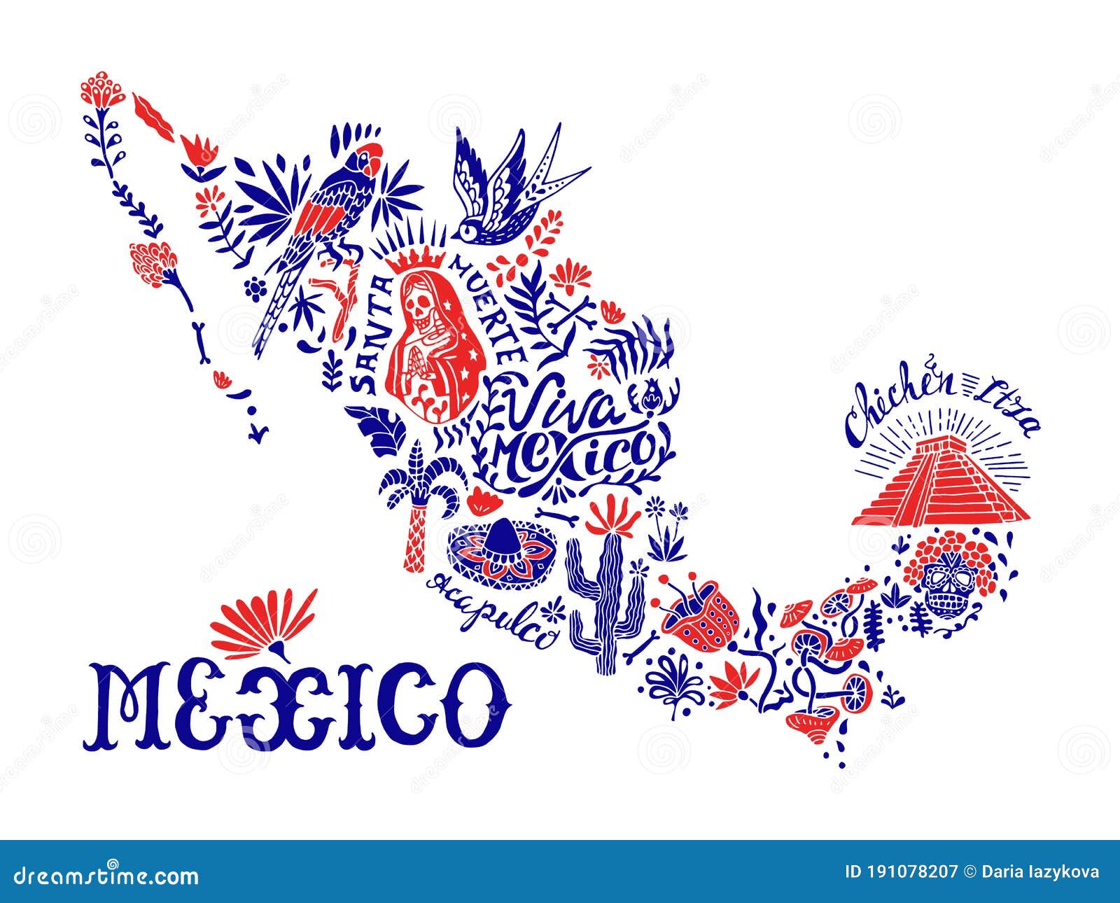Illustrated Stylized Map of Mexico. Stock Vector - Illustration of ...