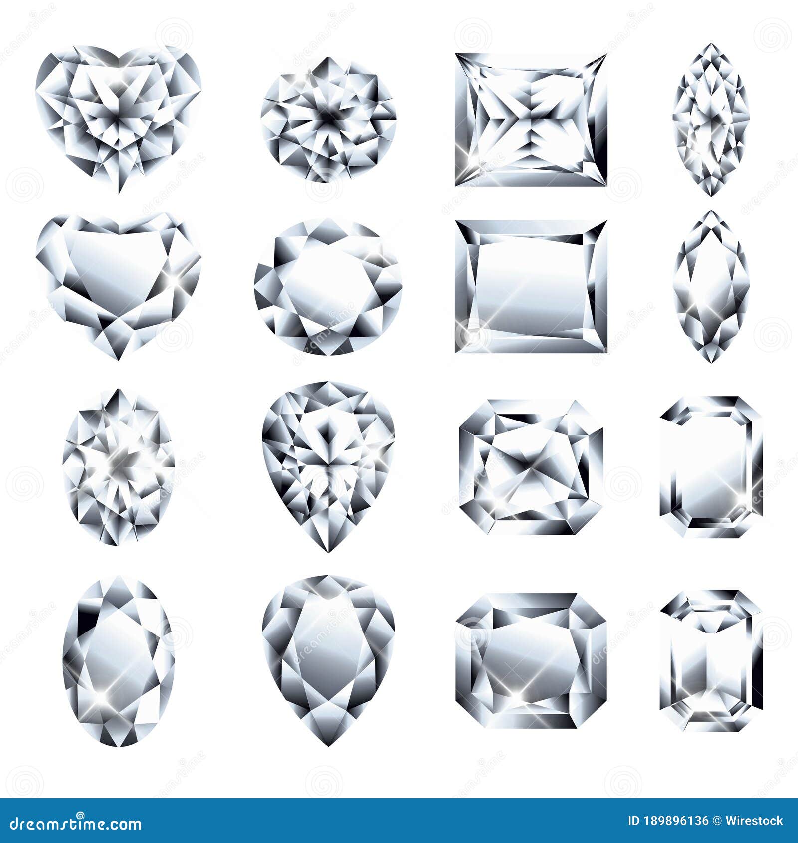 Illustrated Various Silver Gems Isolated on a White Background Stock ...