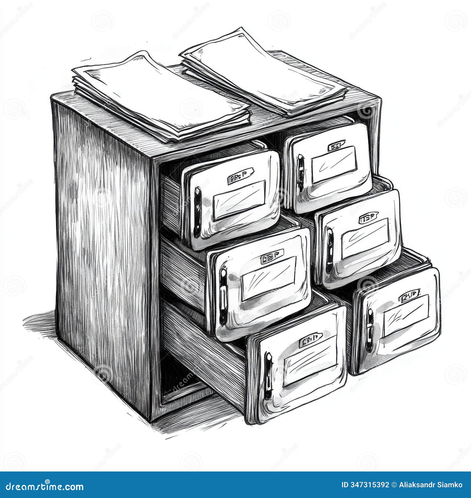 Illustrated Wooden Filing Cabinet With Labeled Drawers And Papers ...