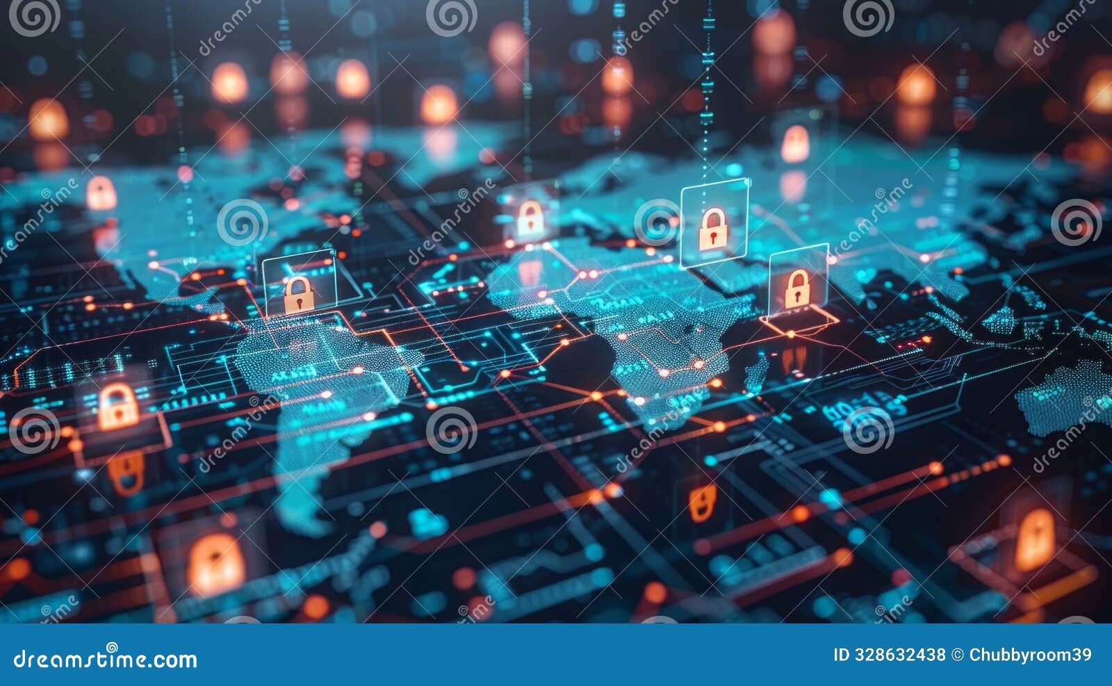 Illustrating Global Security Measures with Digital Locks on a World Map ...