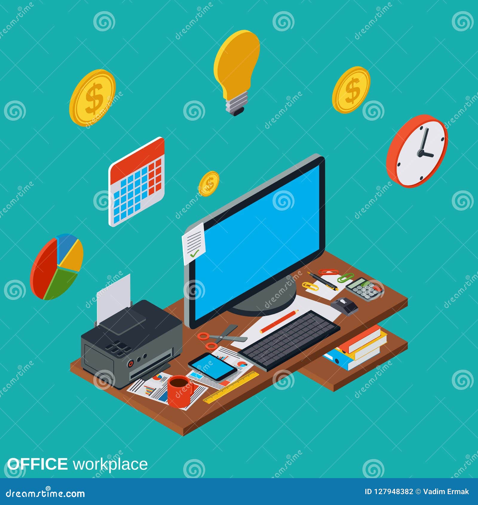 Computer Office Workplace Isometric Vector Concept Stock Vector ...