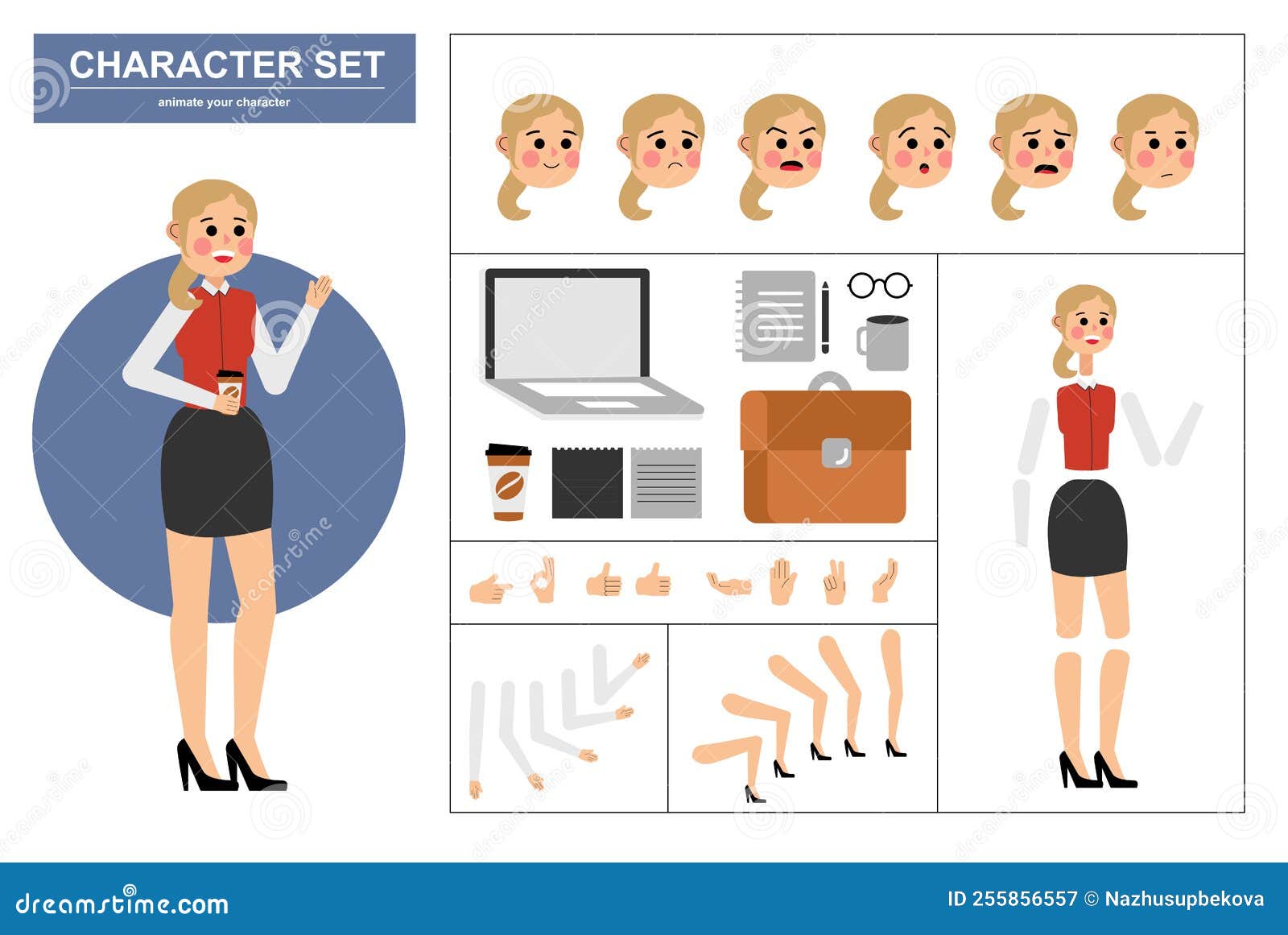 Office Woman Character Constructor with Various Views Stock Vector ...