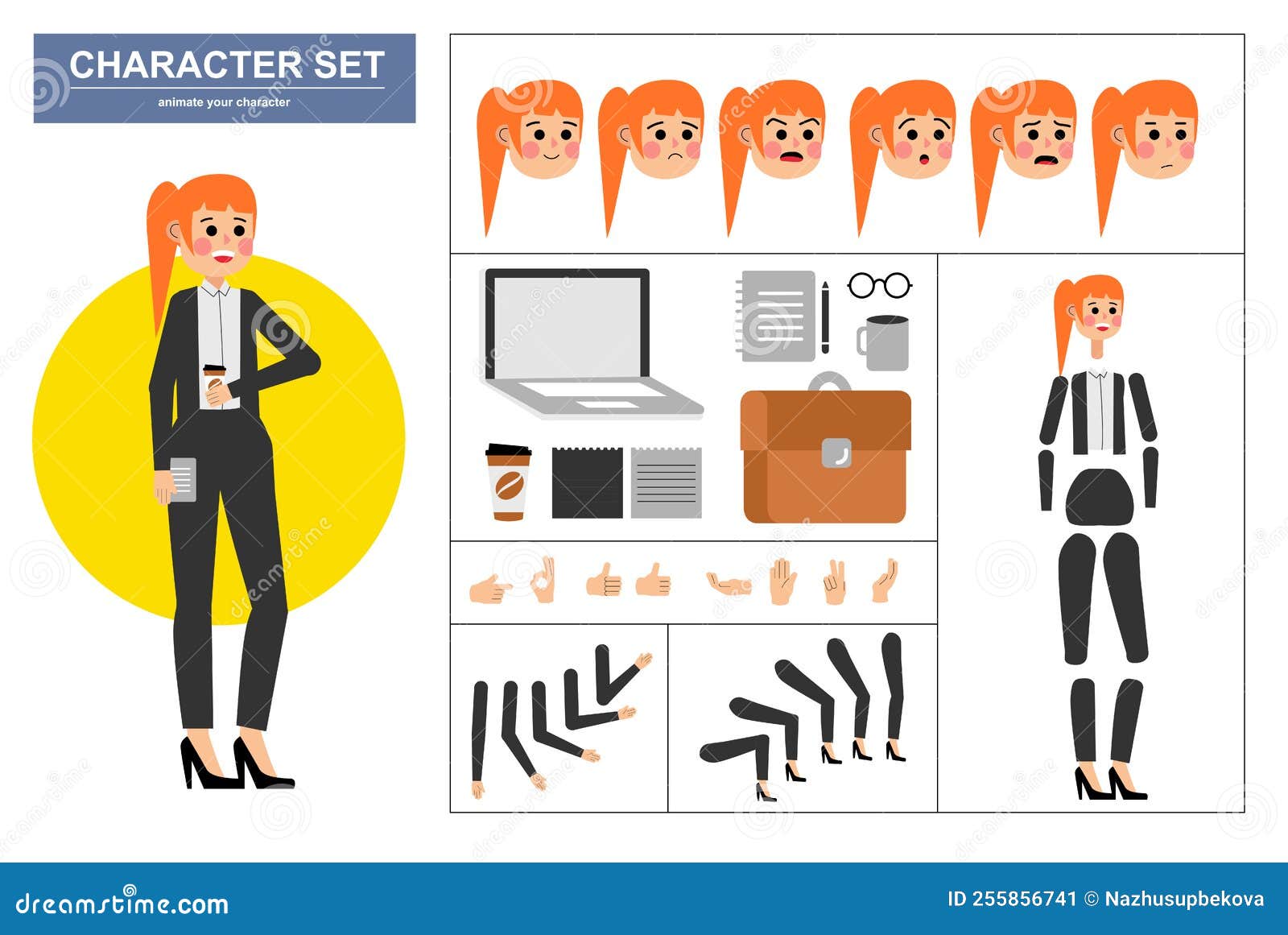 Office Woman Character Constructor with Various Views Stock Vector ...