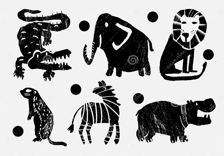 Set of Abstract Wild Animals. Jungle, Forest Bird. Crocodile, Elephant ...