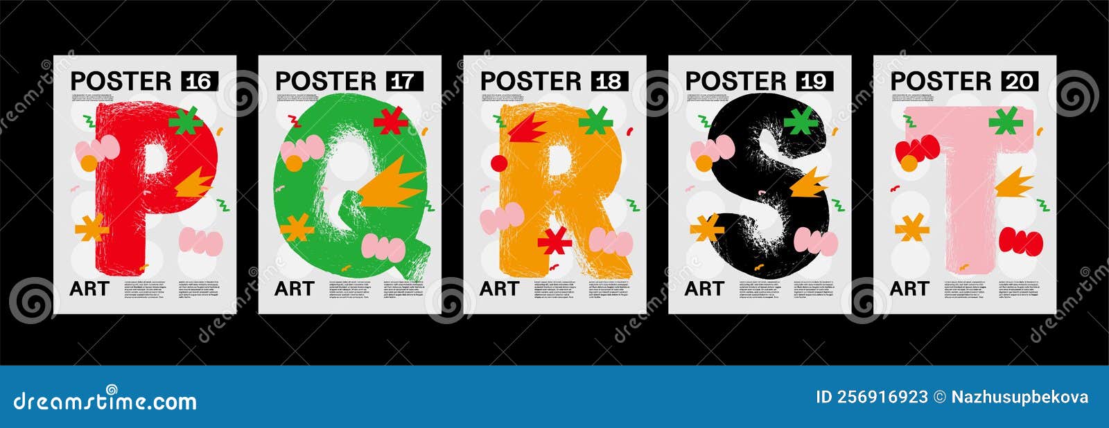 Letters P, Q, R, S, T. Poster Layout Design. Alphabet. Cute Font ...