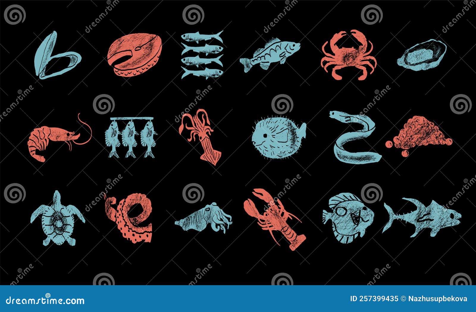 Fishes, Arthropods and Seafood in a Abstract Draw Design. Simple, Flat ...