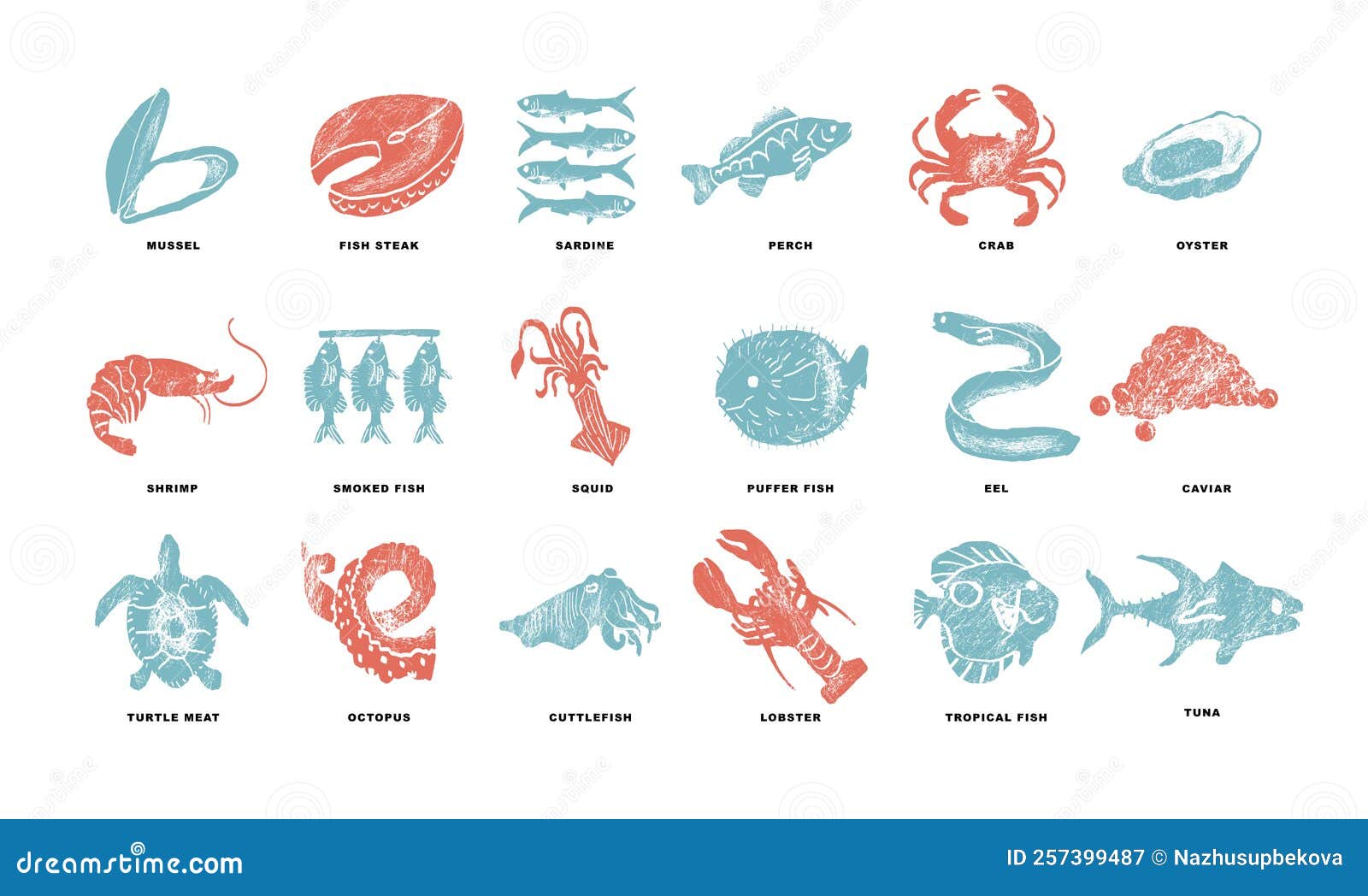 Fishes, Arthropods and Seafood in a Abstract Draw Design. Simple, Flat ...