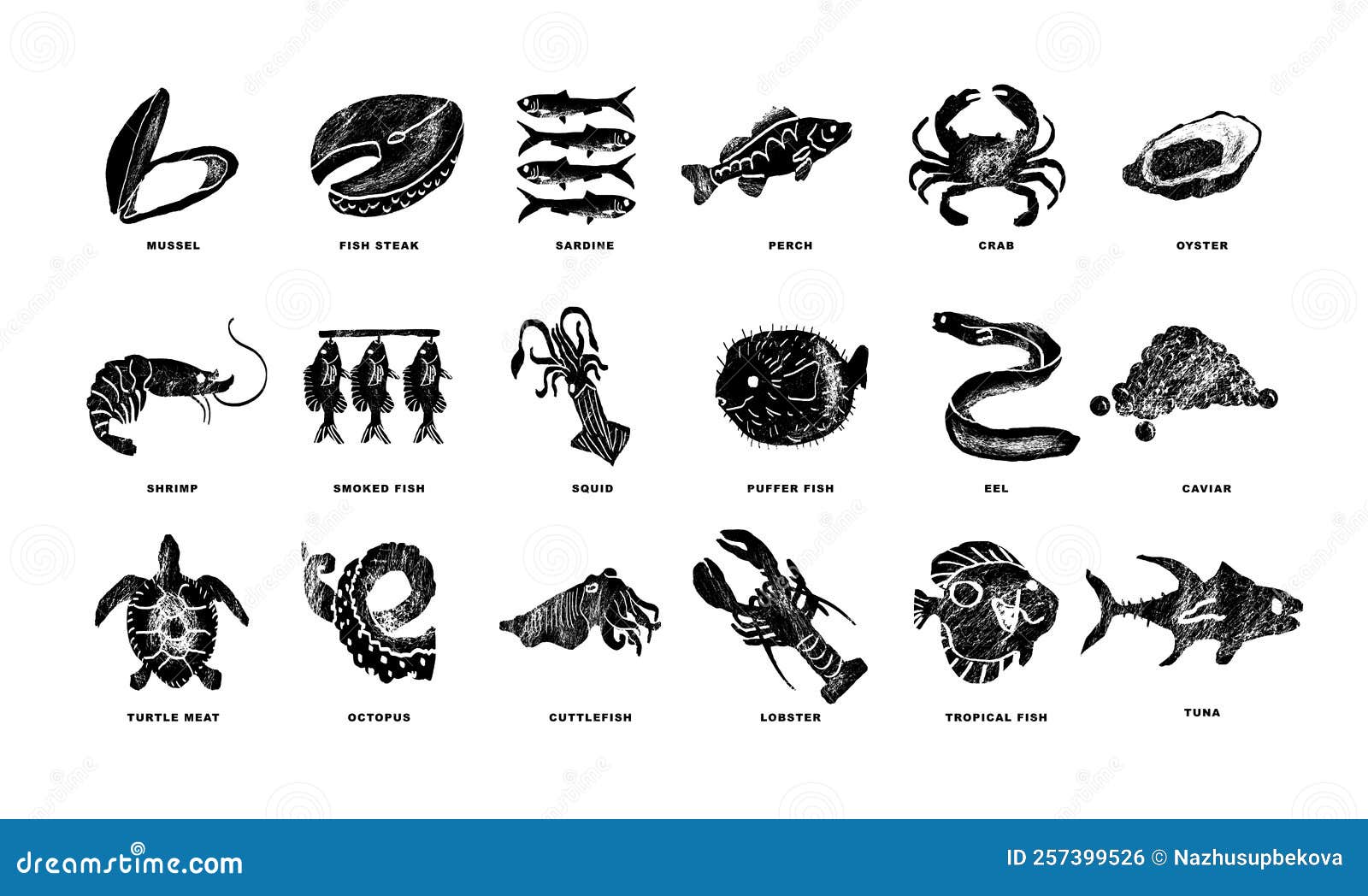 Fishes, Arthropods and Seafood in a Abstract Draw Design. Simple, Flat ...