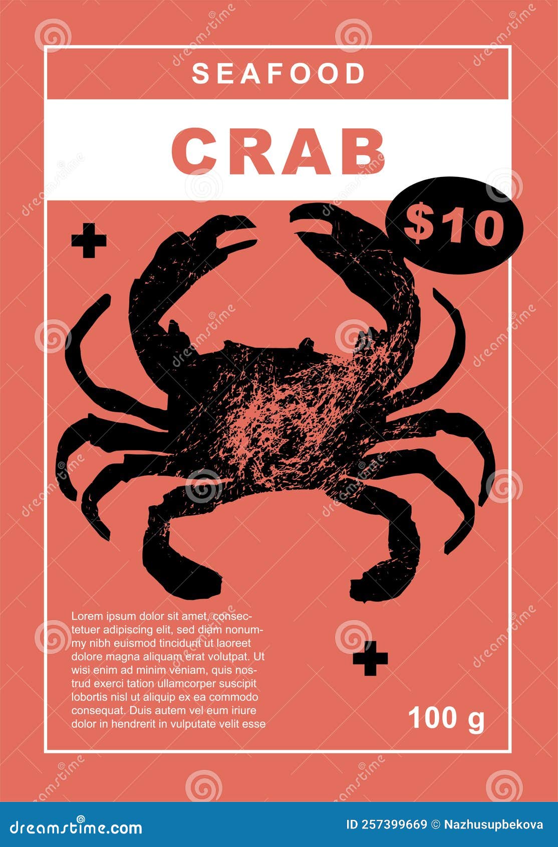 Crab. Set of Posters of Fishes and Seafood in a Abstract Draw Design ...