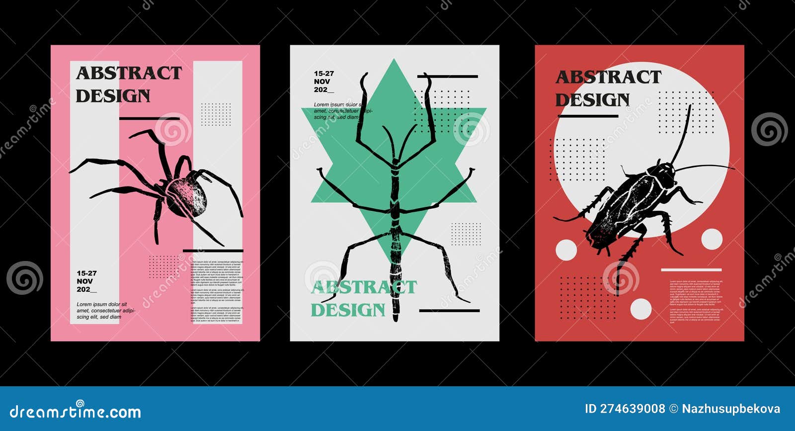 Stick Insect, Cockroach, Roach, Spider. Set of Vector Posters with ...