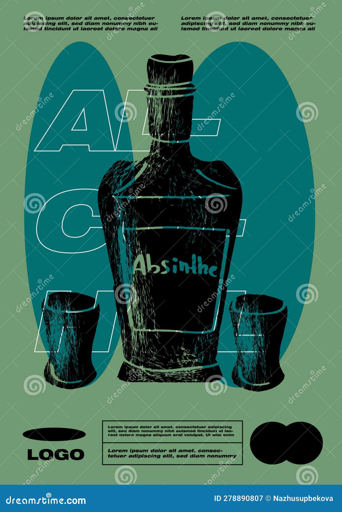 Absinthe Bottle Poster, Blank Glass Flask with Green Liquid Stock ...