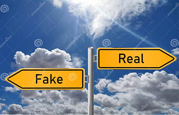 Conceptual Image of Fake Versus Real Signpost Under Blue Sky Stock ...