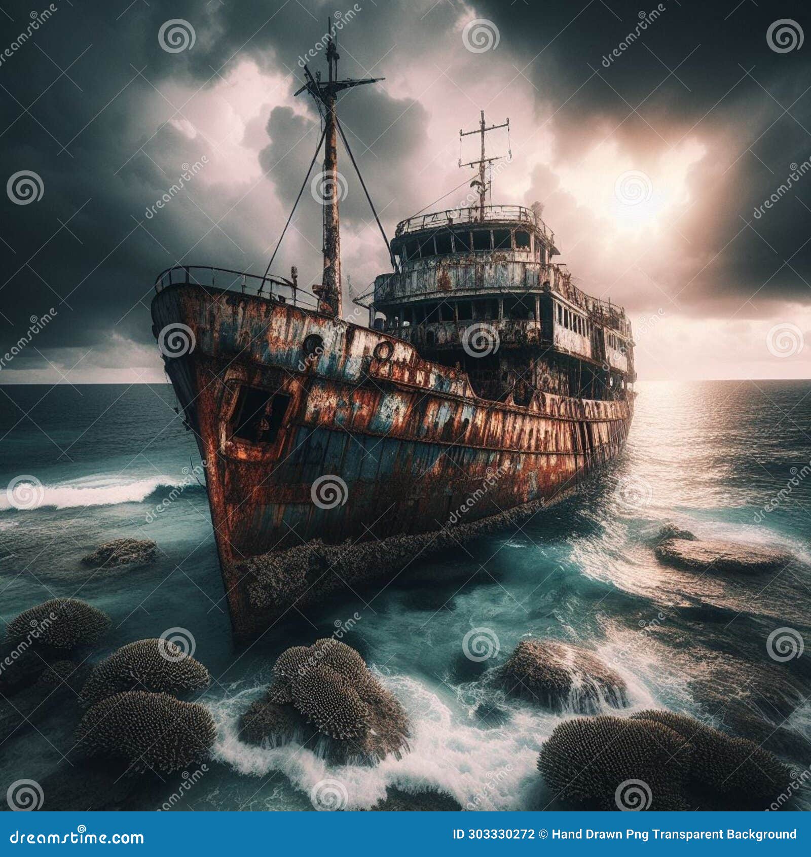 Illustration of an Abandoned, Rusty and Stranded Cargo Ship 3 Stock ...