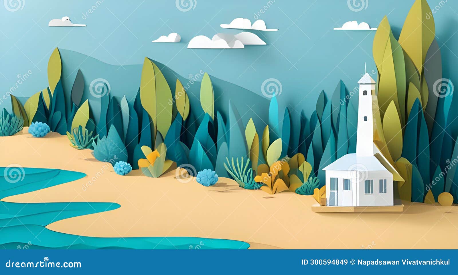 Illustration of an Abstract Beach and Forest Paper Cut Art. Stock ...