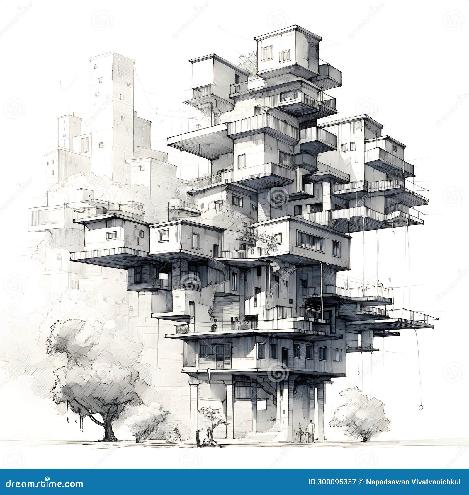 Illustration of an Abstract Building in Line Art Style. Stock ...
