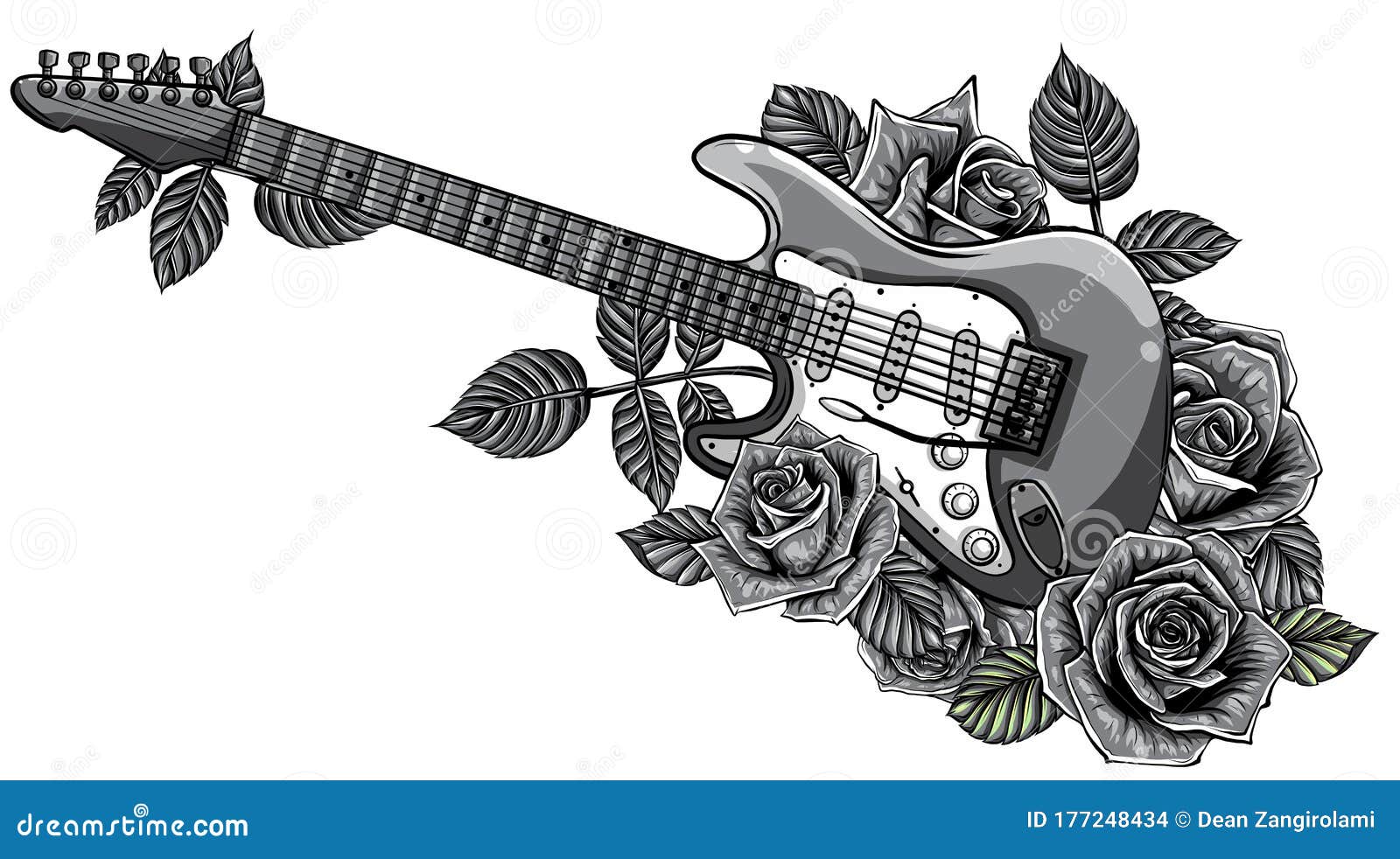 Monochromatic Illustration Abstract Guitar with Red Rose. Vector Stock ...