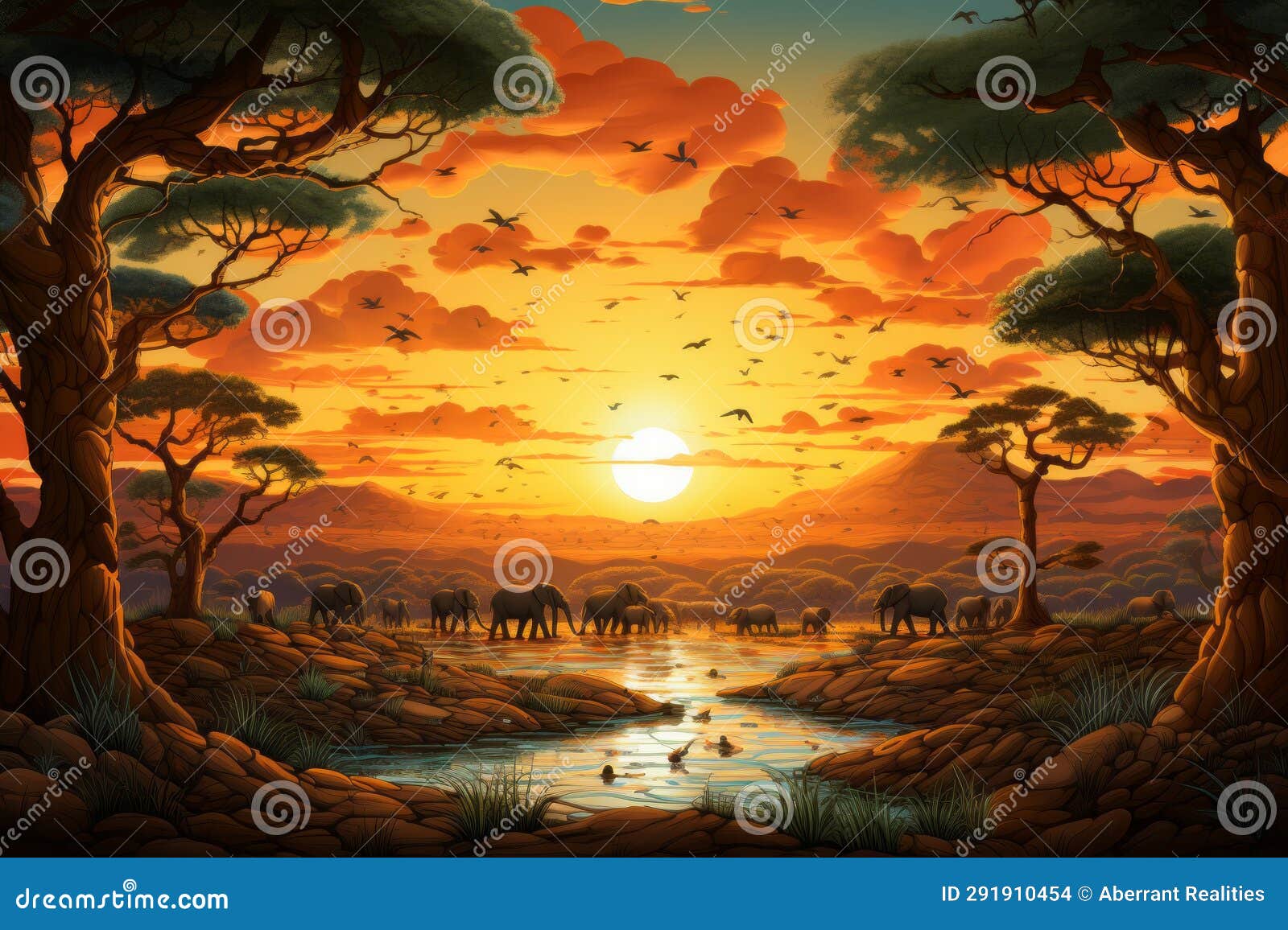 An Illustration of an African Sunset with Elephants and Other Animals ...