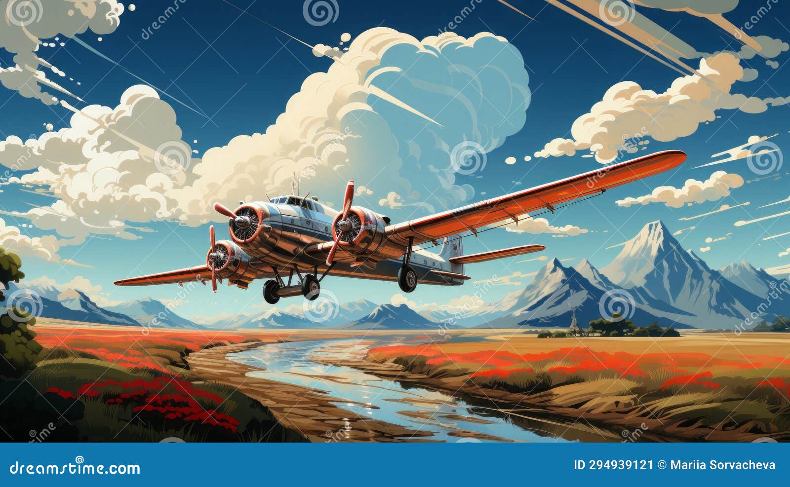 Illustration of an Airplane Flying Over the Ground. AI Generated Stock ...