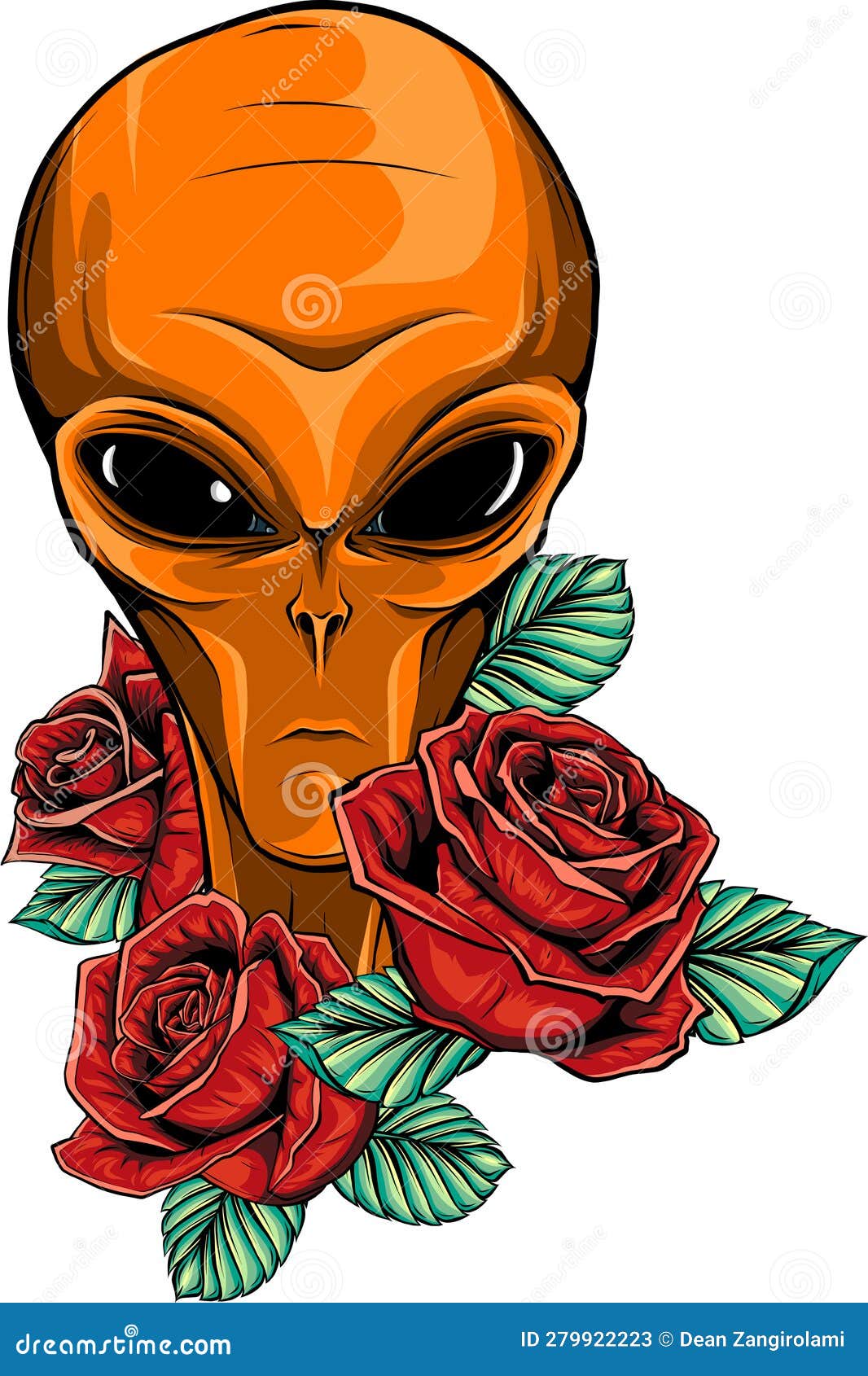 Vector Illustration of Alien Head and Red Roses Flowers. Stock Vector ...