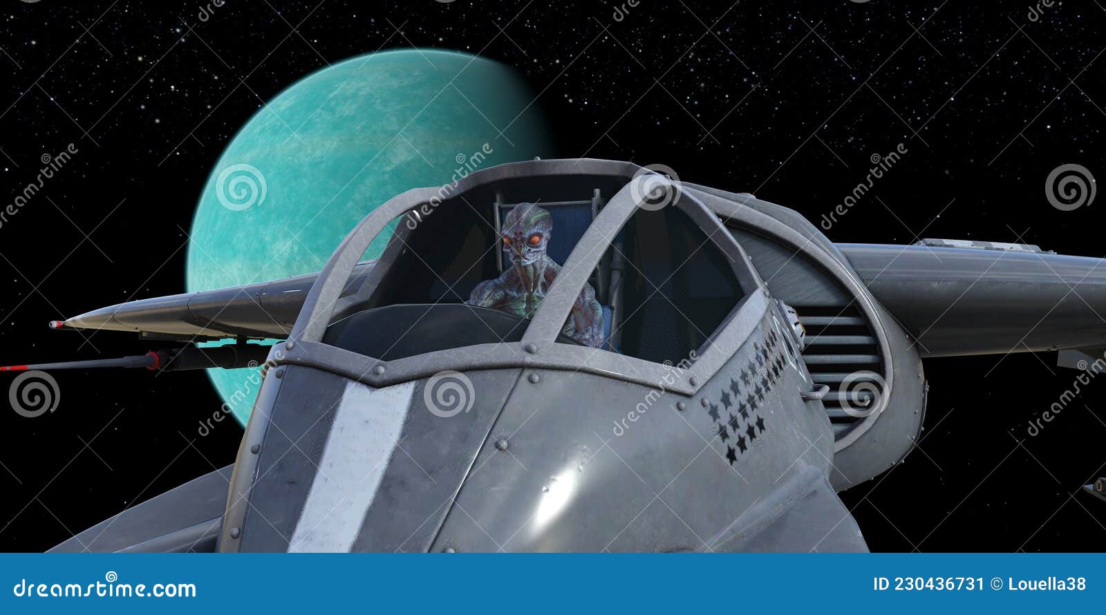 Illustration of an Alien Piloting a Spaceship in Outer Space with a ...