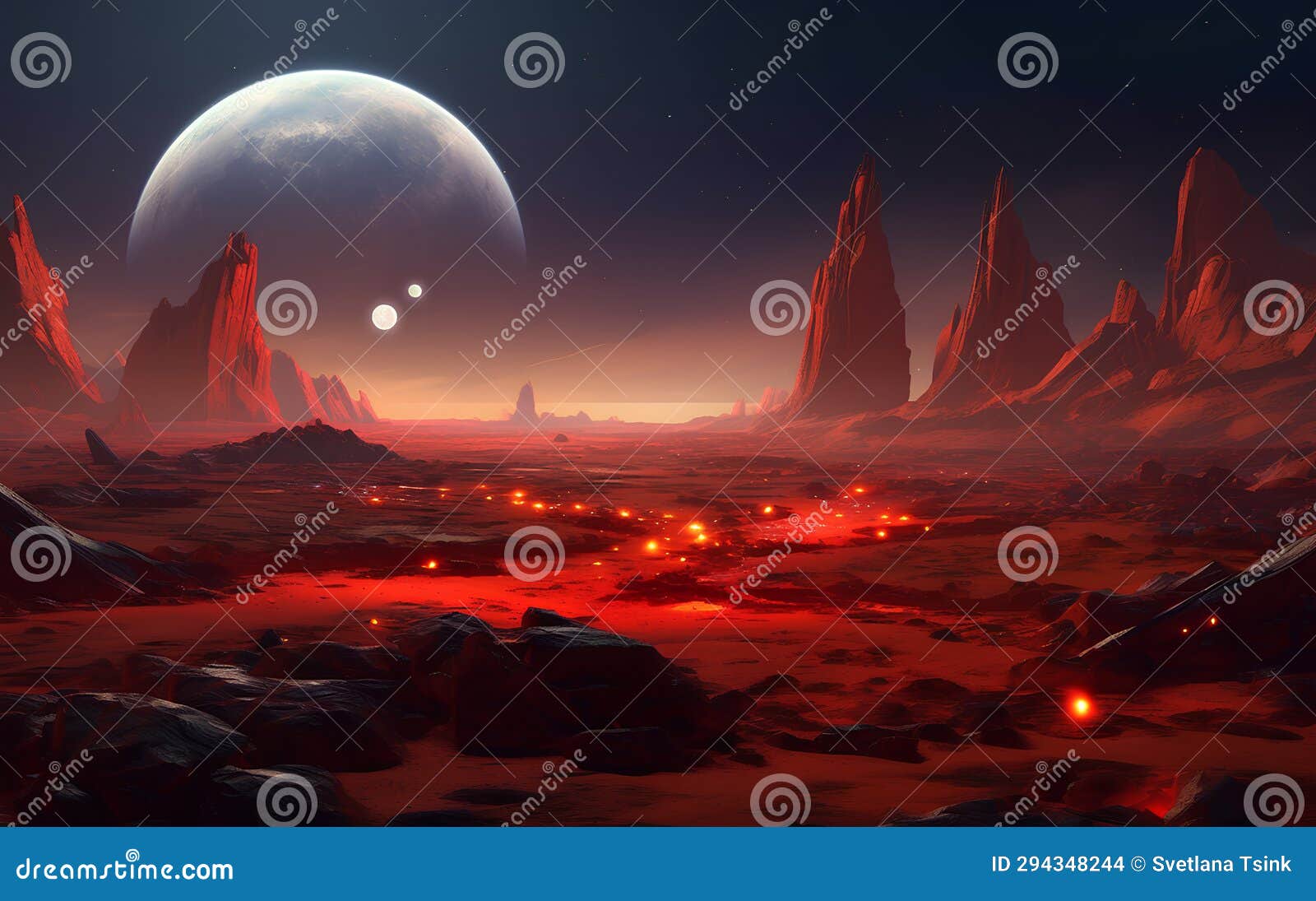 An Illustration of an Alien Planet with Unique Landforms and an Exotic ...