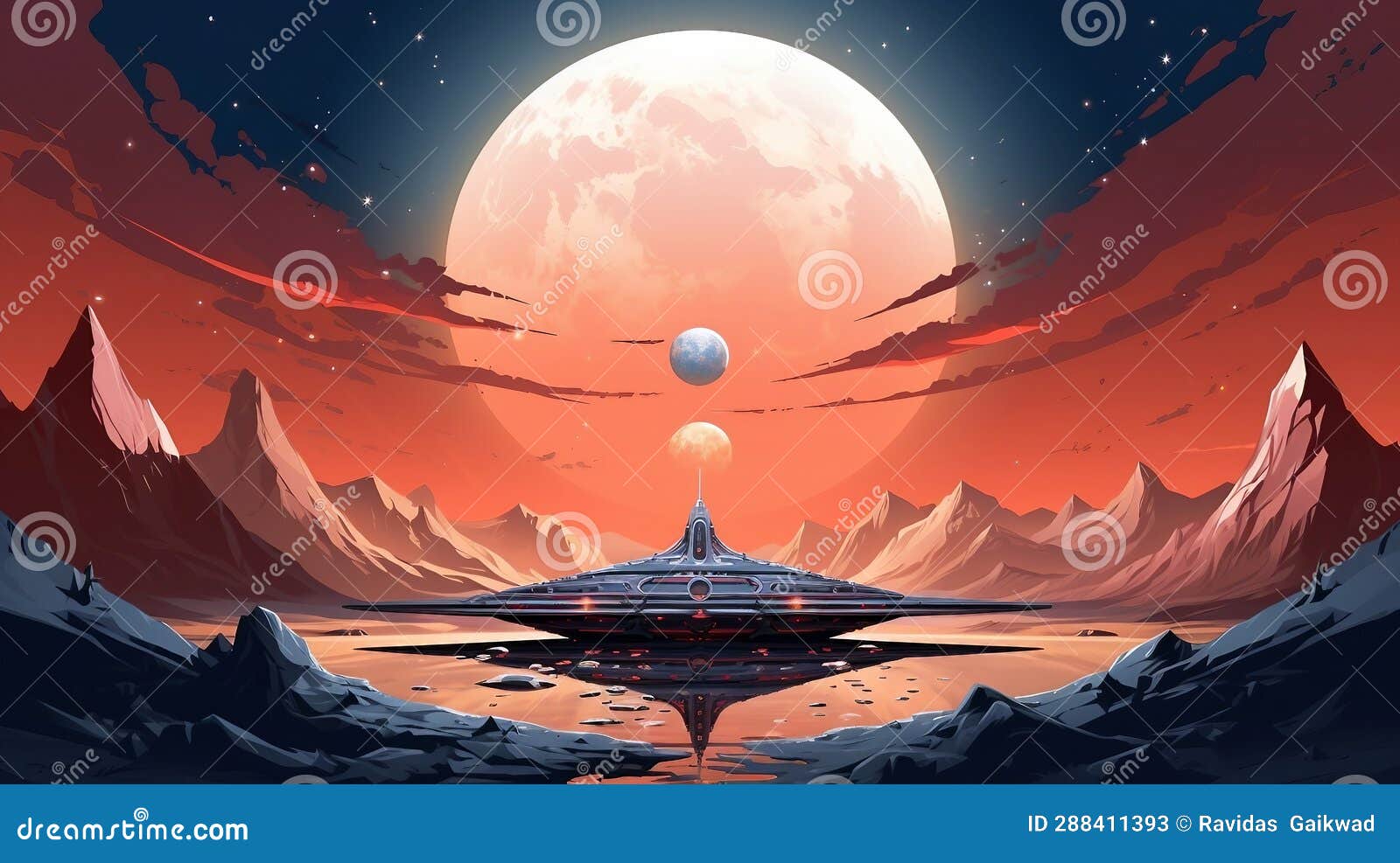 An Illustration of an Alien Spaceship in Front of a Mountain with a ...