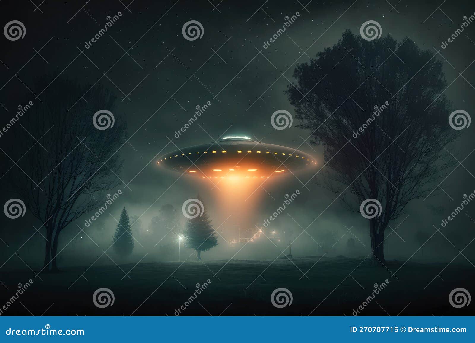 A Single UFO Seen with a Beam of Light through Trees Stock Illustration ...