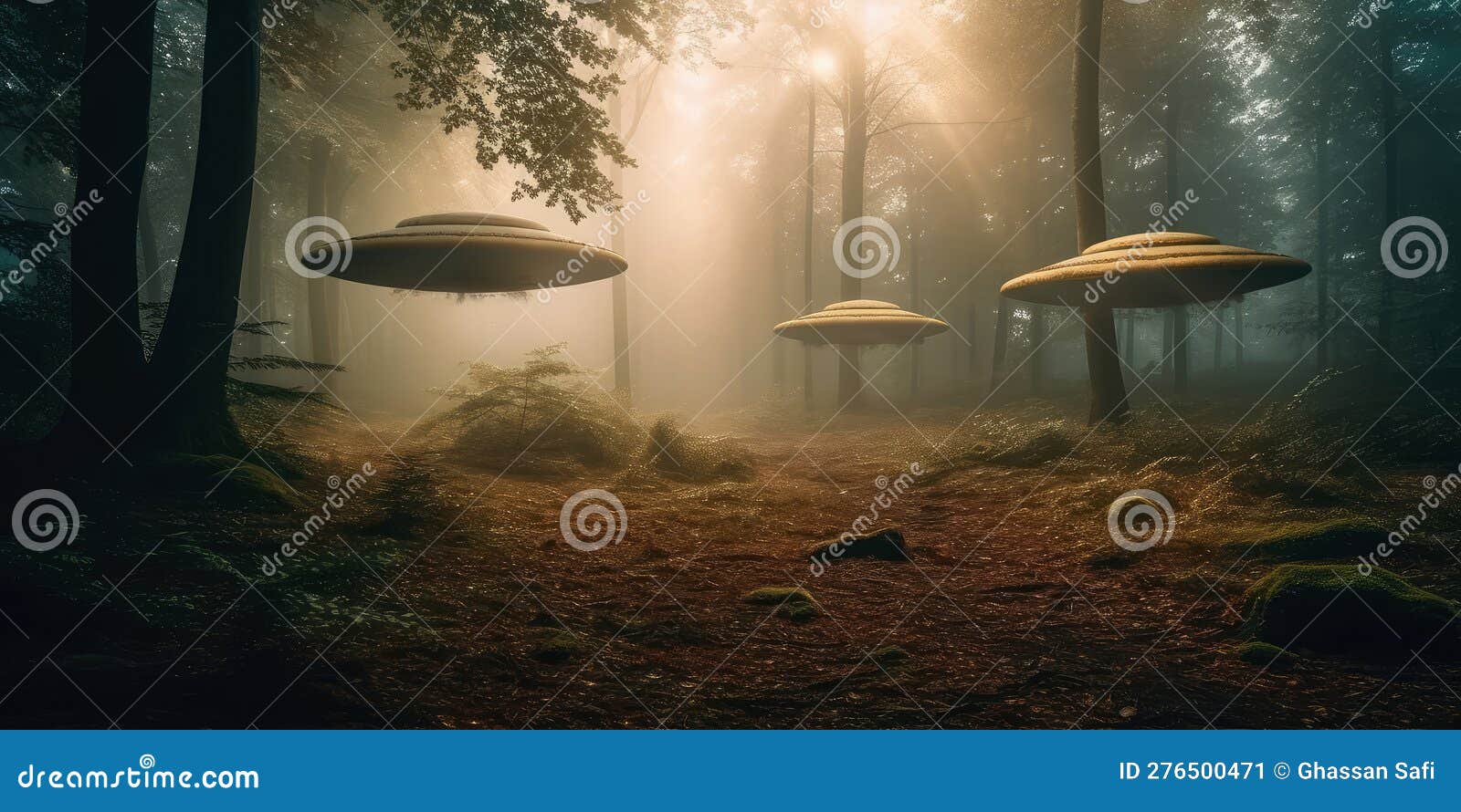 A Group of UFOs Hovering through Trees and Mist Stock Illustration ...