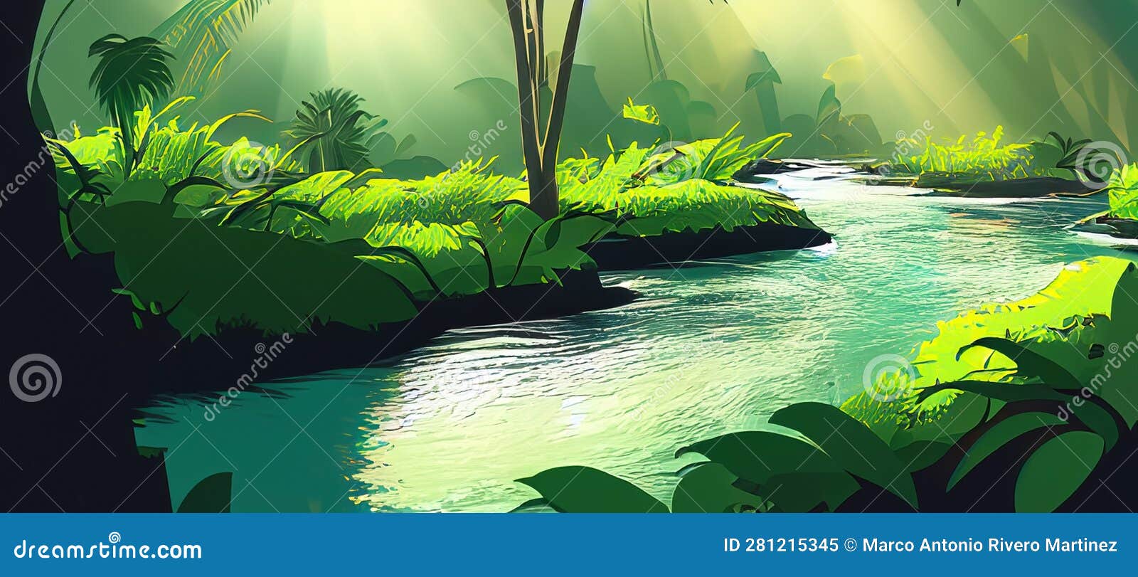 Illustration of the Amazon with a Big River and the Reflection of the ...