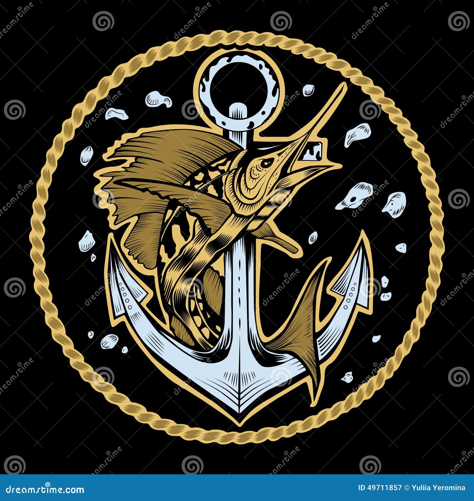 Illustration of Anchor with Fish Stock Vector - Illustration of black ...