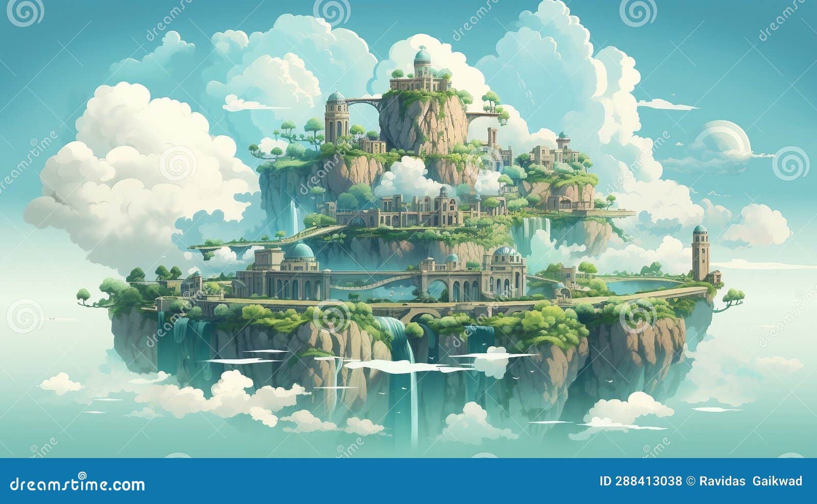 An Illustration of an Ancient City with Waterfalls Floating on the ...