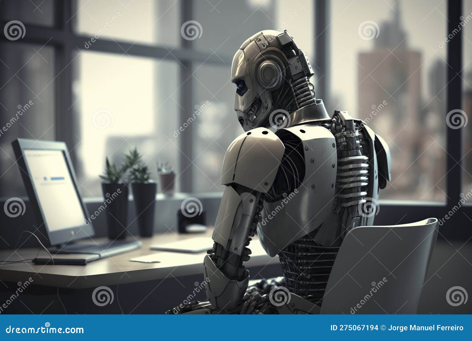 Illustration, Android Robot Thinking in the Office, Ai Generative Stock ...